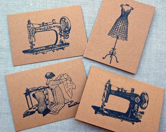 Assorted Vintage Style Sewing Note Cards -Set of 4 Brown Kraft Paper ...