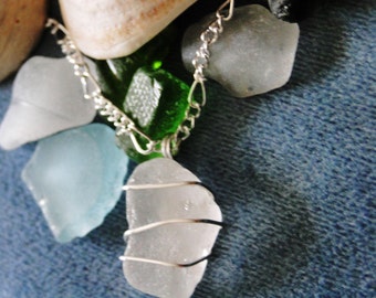 Elegant White/Clear, Wire Wrapped, Sea Glass Pendant and Silver Chain