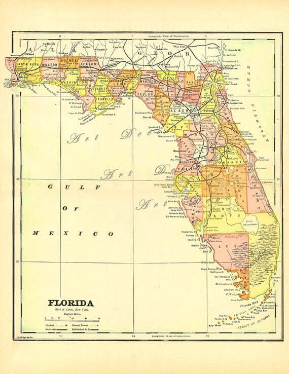Antique Map of Florida ...from 1904....detailed and by artdeco