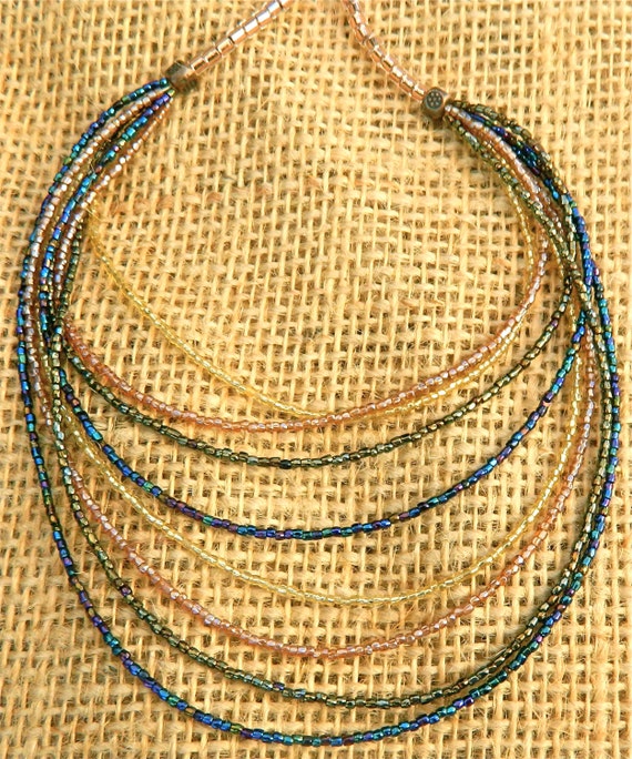 Seed Bead Multi Strand Layered Necklace Autumn Colors