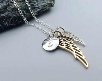 Personalized Double Wing Necklace, sterling silver, gold, remembrance ...