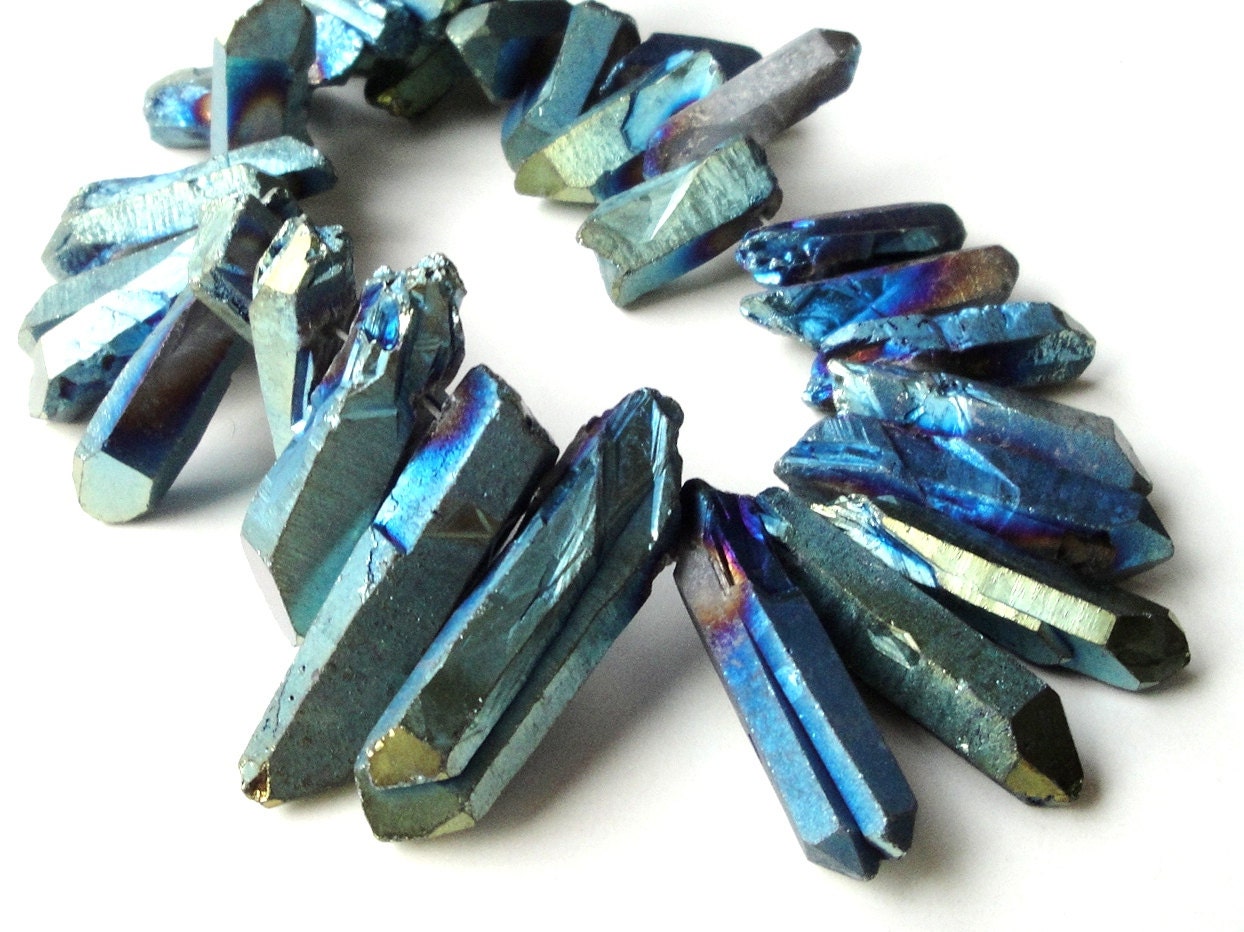 Raw Titanium Spikes Blue Gold Quartz Beads Crystal by BijiBijoux
