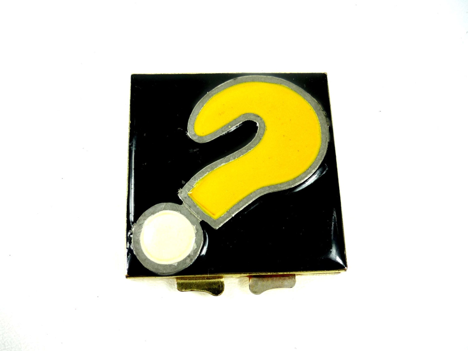 Vintage Question Mark Compact Mirror Yellow and Black Enamel
