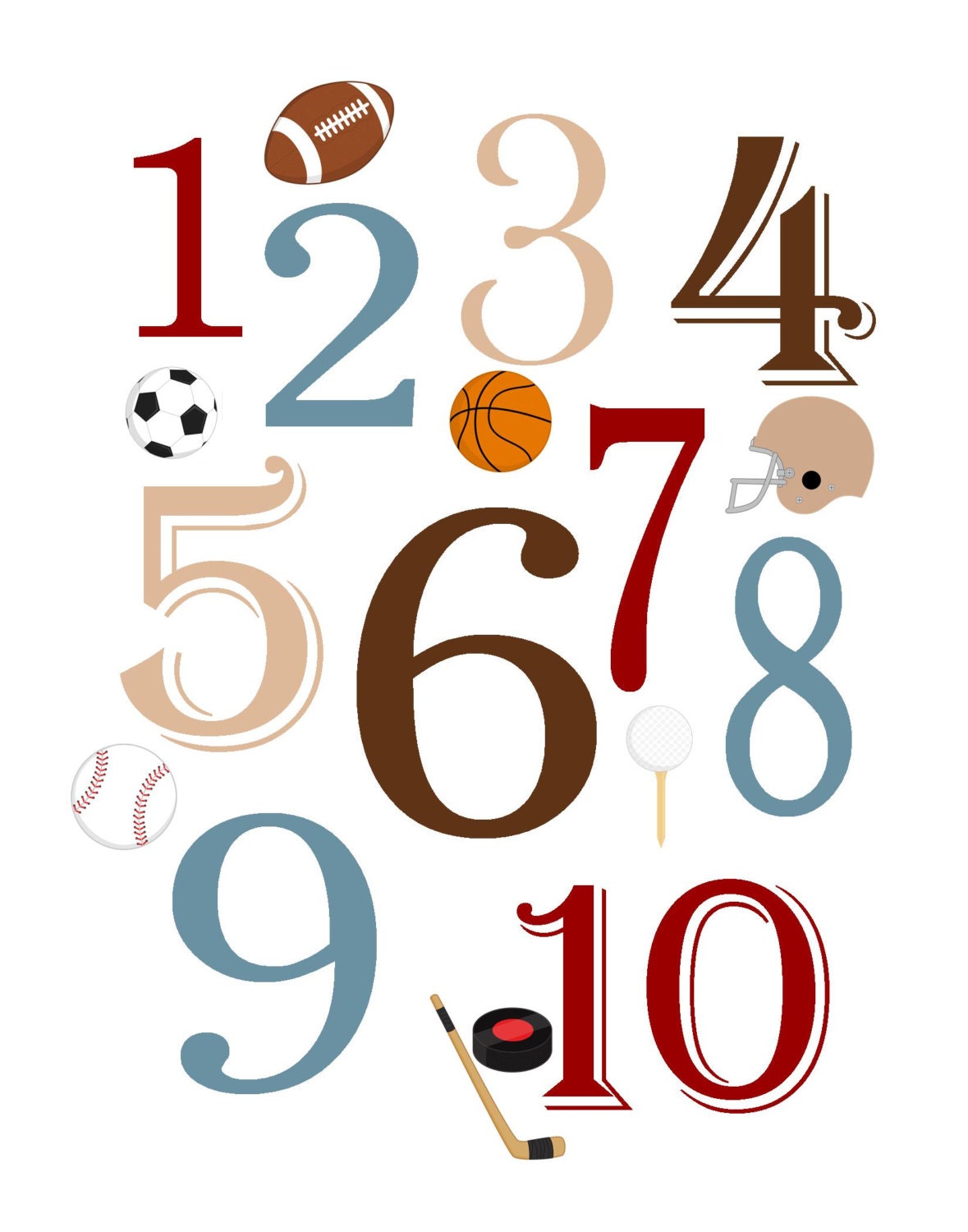 Sports Themed Alphabet and Number Print Set Custom Colors