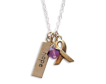 Orchid Swarovski Ribbon Hope Charm Testicular Cancer Awareness Necklace