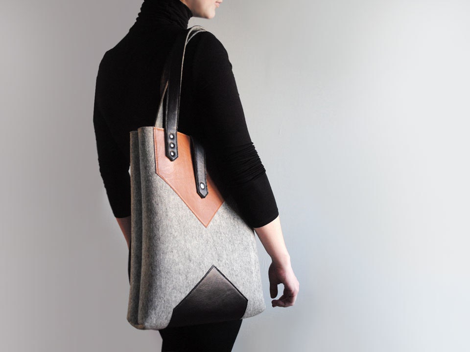 Grey Black Sienna Brown Wool Felt Genuine Leather Tote Bag – Etsy finds