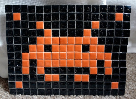 Space Invader Coral Invader on Black ceramic mosaic tile art