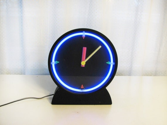 80s Neon Desk Clock // Mantle // Mantel Clock with Blue Neon