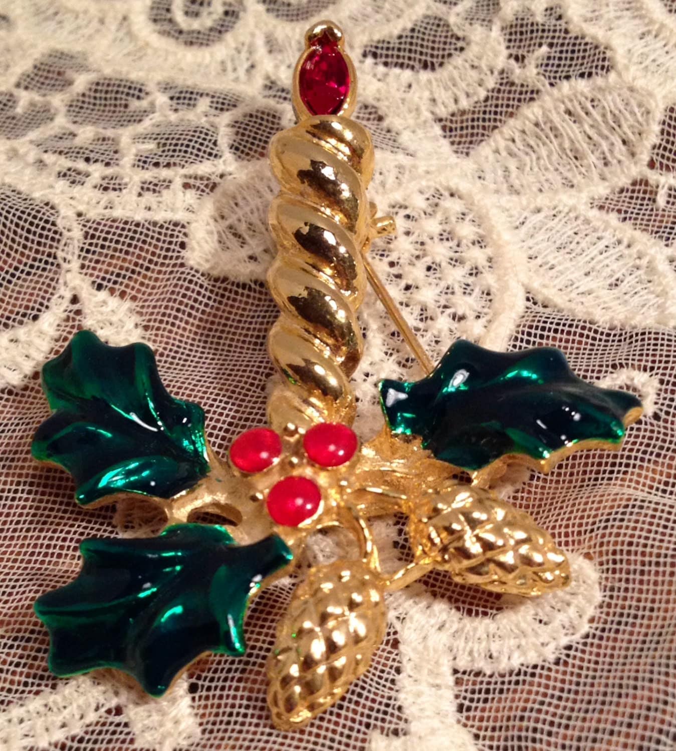Enameled Christmas Candle Pin, Gold Tones, with Red Rhinestone as Flame ...