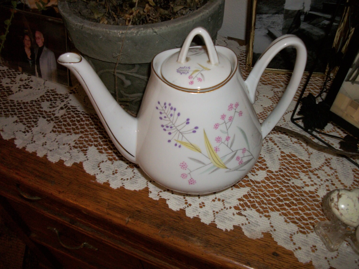 Bohemian Fine China Tea Pot Made in Czechoslovkia White Base with Retro ...