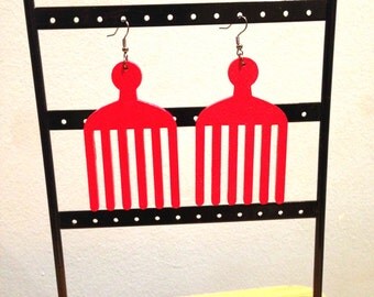 Red Afro Pick Duafe Wooden Comb Earrings