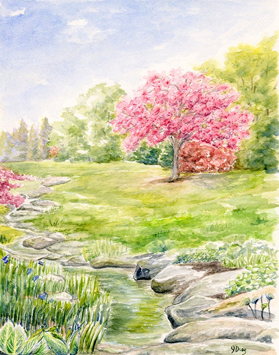 Cherry Tree Painting Cherry Tree Watercolor Landscape Watercolor Pink ...