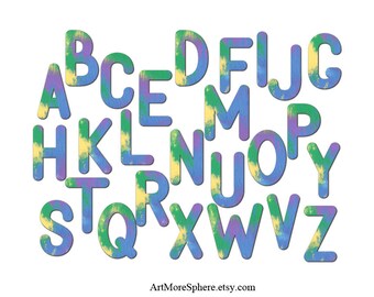 Digital Alpha Clip Art Letter Numbers in Blue Green Yellow watercolor ...
