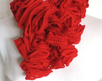 SALE ! Red color scarf, ruffled knitted scarf, ruffled yarn, hand ...