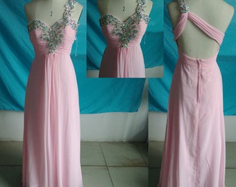 pink chiffon shining beaded crystal sweetheart pleated sexy backless ...