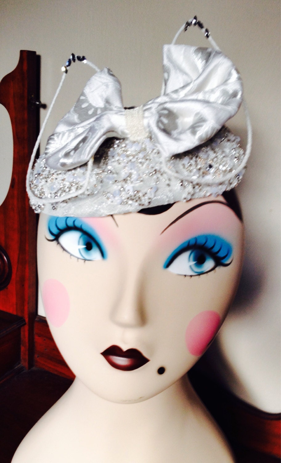 Spring Racing Fascinator. Silver White silk beaded tulle