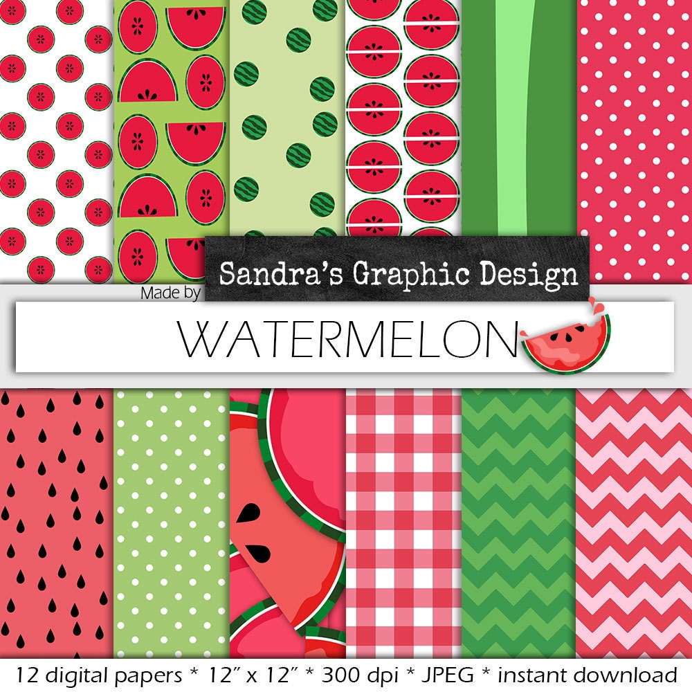 Digital Paper and Clipart: “WATERMELON PAPER” with 12 different digital ...