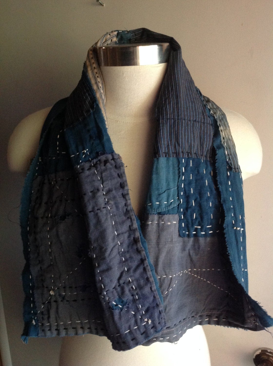 Handmade Scarf Japanese Indigo Boro 11 x 40