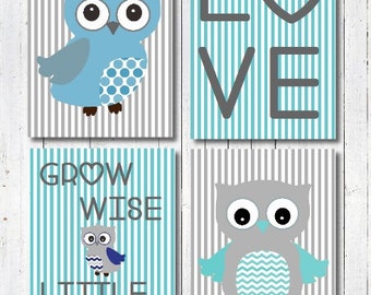 Baby Boy Owl Nursery Art Print, Blue and Grey Owl art, Grey and Blue ...