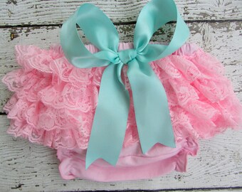 Pink Lace Bloomer with Cream Satin Bow and Flower by avannabelbaby