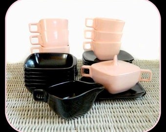 Mid Century 26 Pc. Brookpark Modern Pink and Black Melamine Melmac Dishes