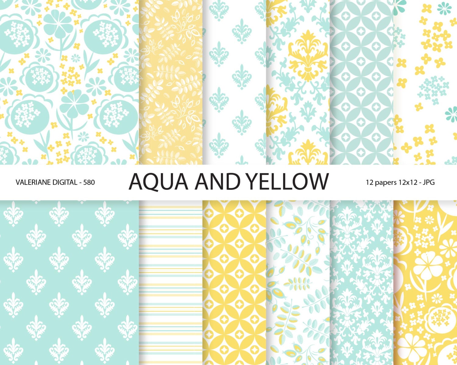 Digital Paper yellow and aqua blue scrapbook papers floral
