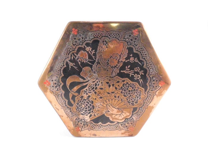 Art Deco Asian Chocolate Tin Artstyle Hinged Footed Brass Octagon ...
