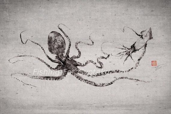 OCTOPUS and SQUID GYOTAKU print traditional Japanese fish