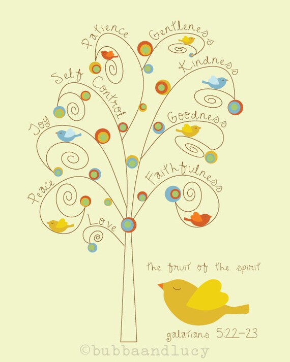 Fruit of the Spirit . fruit tree and birdies . Scripture print