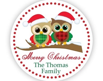 Owl Christmas Gift Tag Stickers Red Pink Green by PurpleBerryInk
