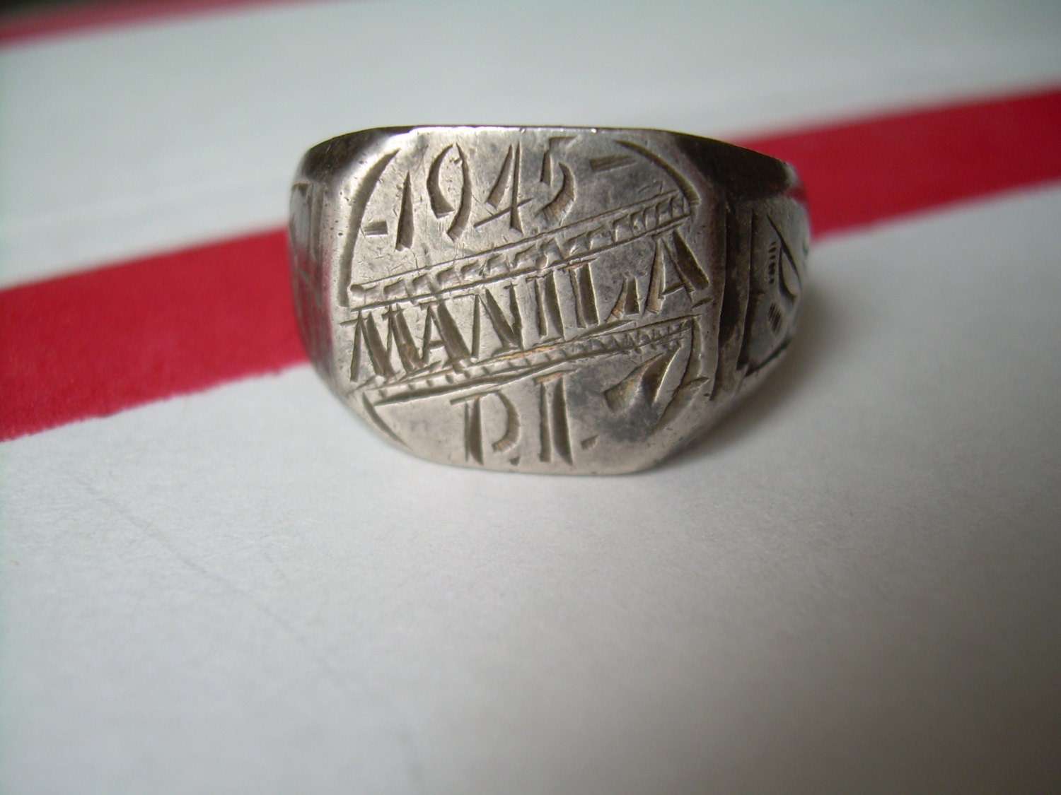 1945 WWII Manila Ring Size 10.5-Vintage Antique Sterling