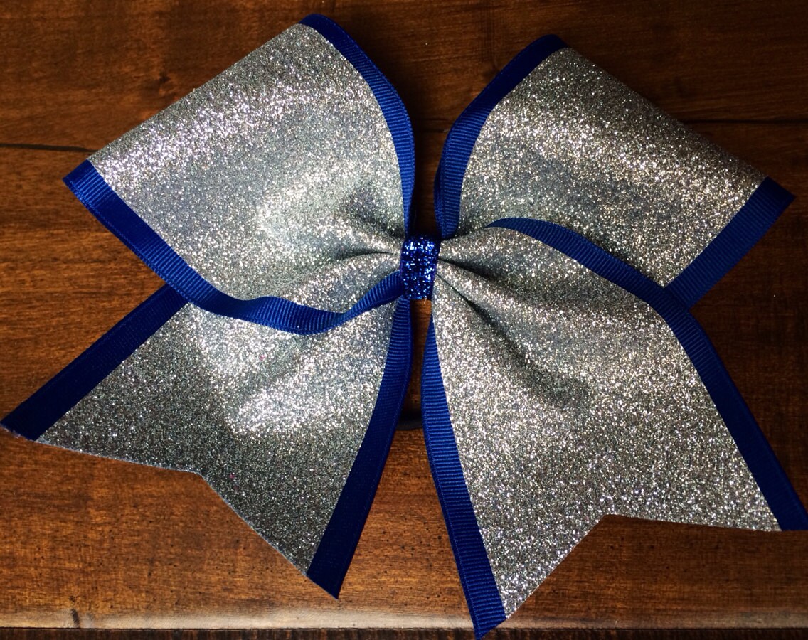 Cheer Bow Silver Glitter on Royal Blue