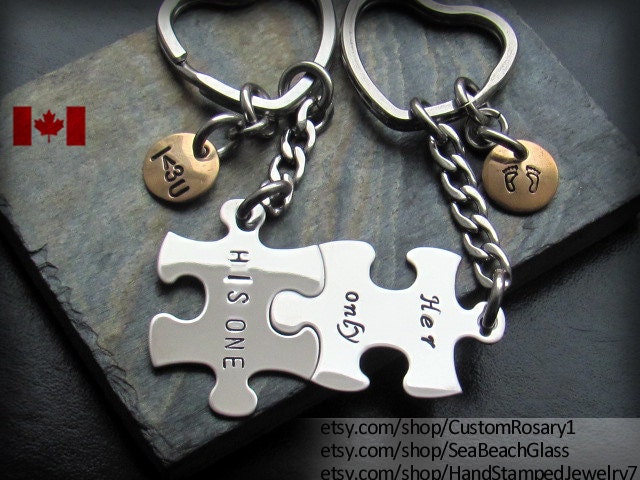 Puzzle Piece Keychain Set. Hand Stamped Custom. His and Hers.