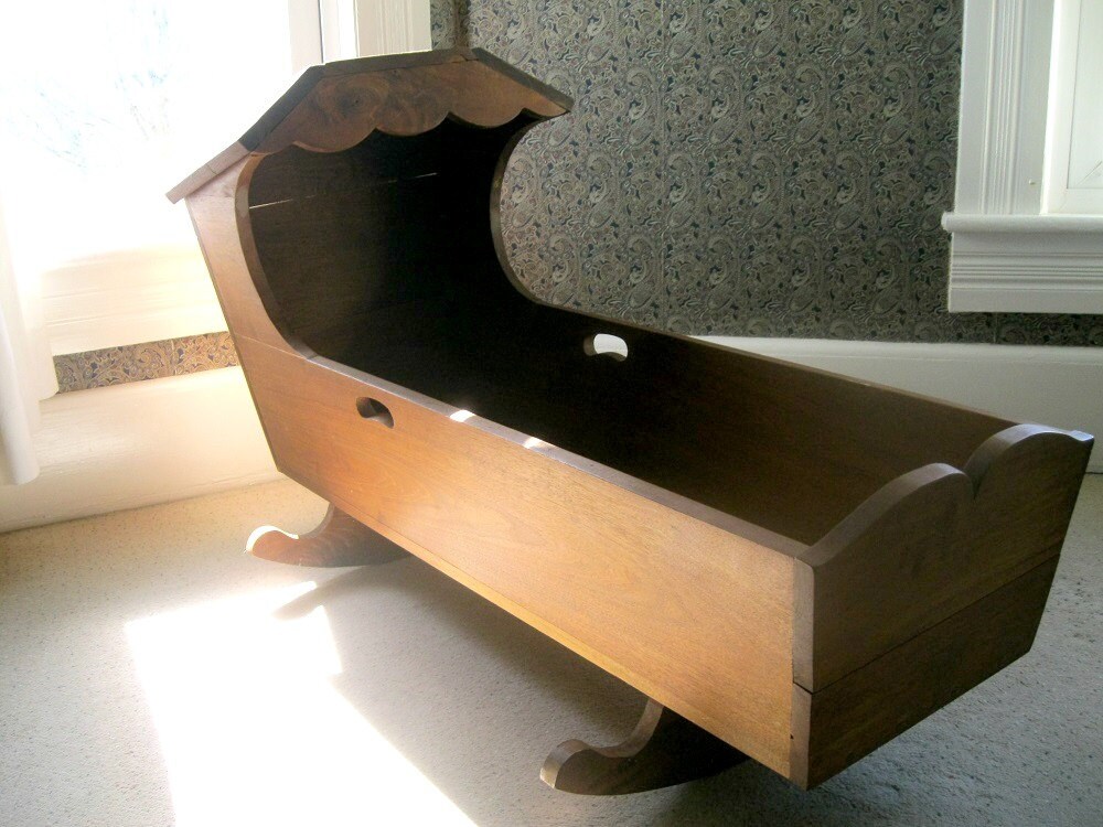 Vintage Handmade Heirloom Black Walnut Rocking Cradle, Mattress ...