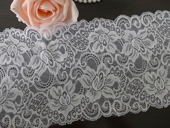 6.1 wide Stretch Lace Fabric Trim in White with Rose