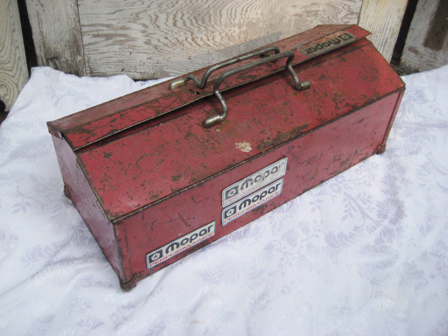 Rusty metal tool box, large tool box, red rustic box, rustic industrial ...
