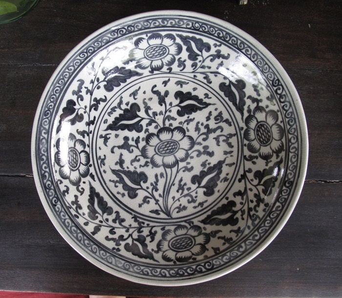 Vintage Hand Painted Blue and Grey Stoneware Bowl Platter.Thailand Siam ...