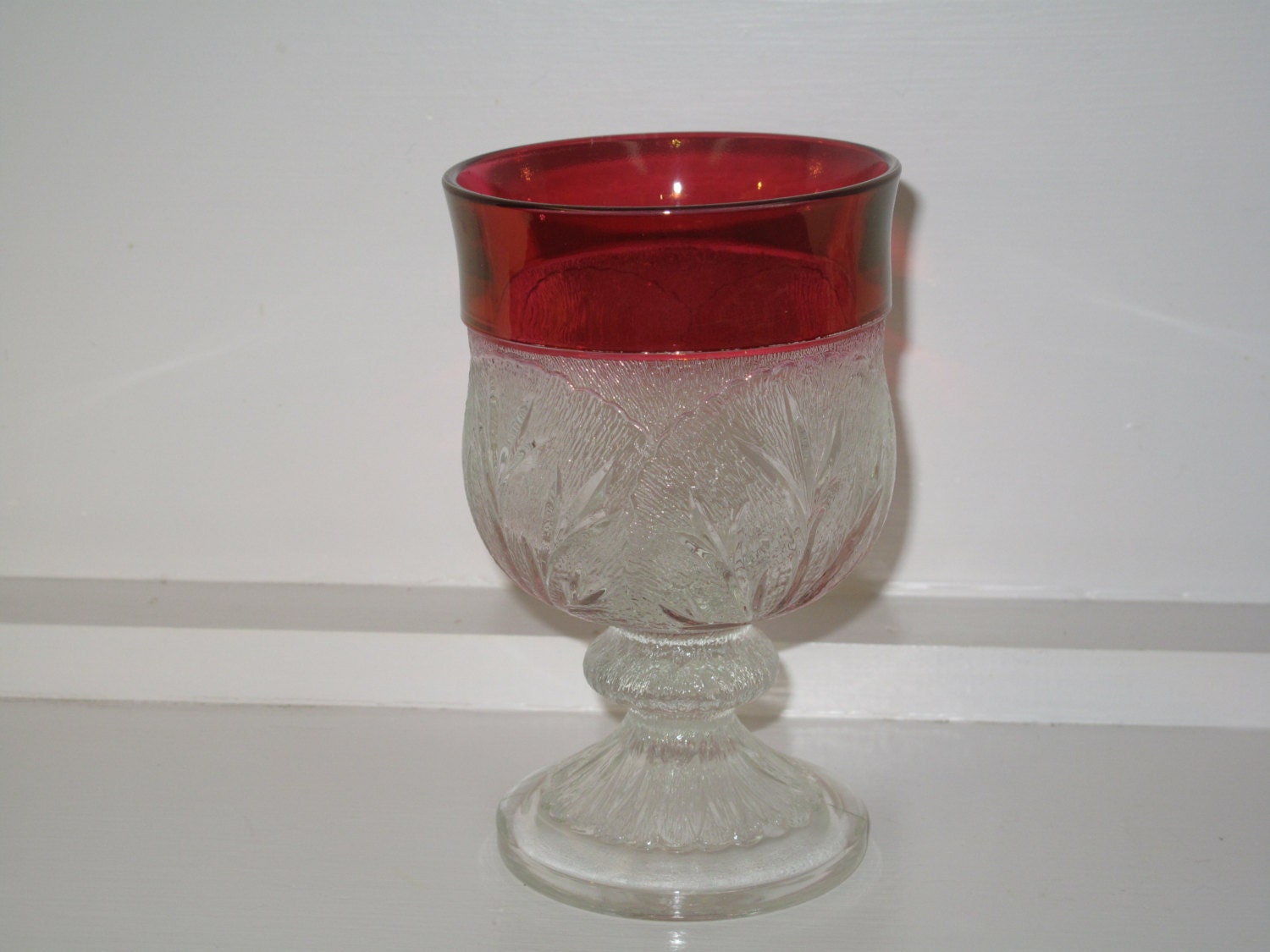 Vintage Cranberry Rimmed Cut Glass Goblet with Leaf Pattern – One Only ...