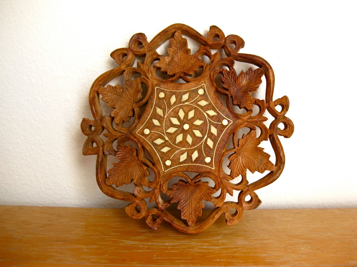 Vintage Hand Carved Wooden Trivet with Floral Leaf by LeBeauHaus