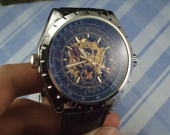 golden skeleton watch blue crystal glass Steampunk Mechanical Watch ...