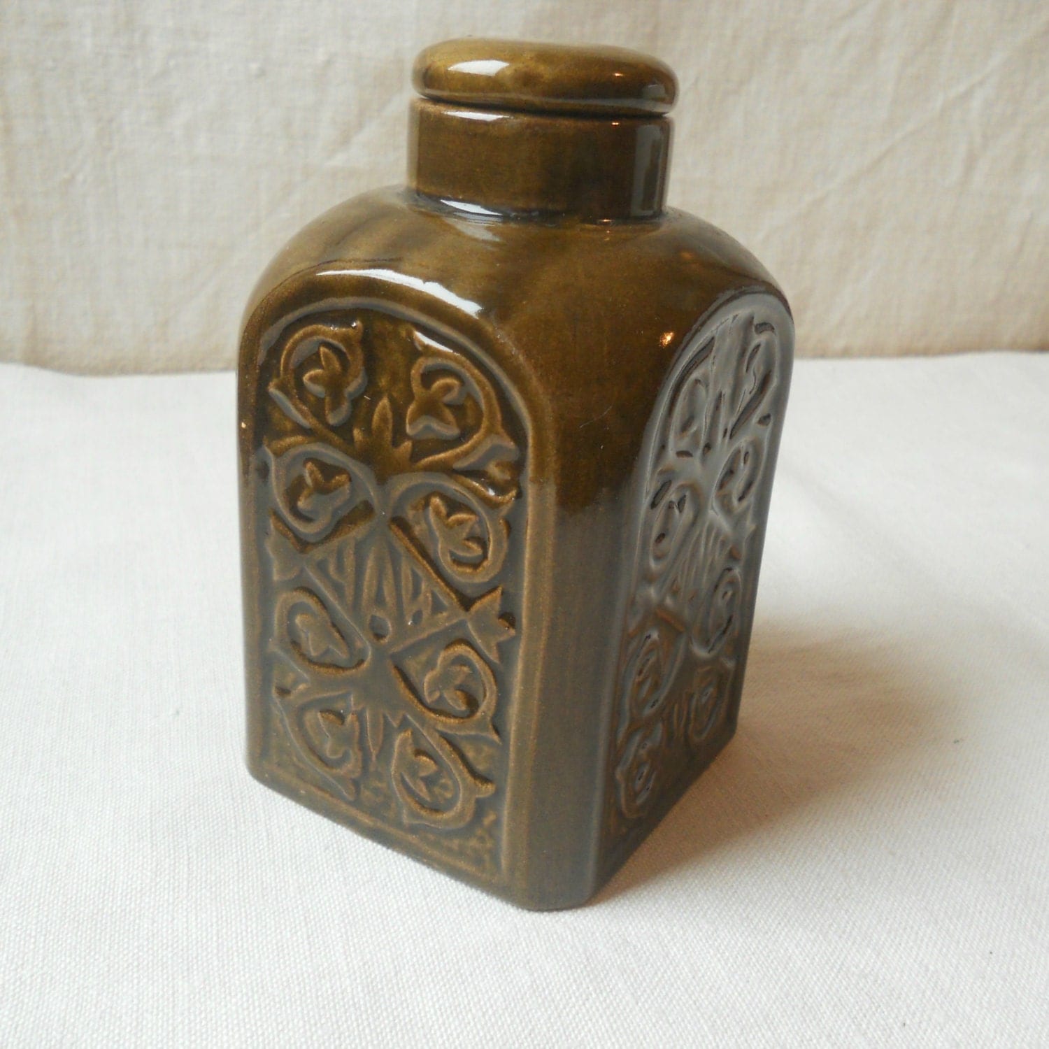 Vintage ceramic glazed bottle flask rustic kitchen decor green