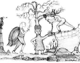 The tree man is consulted. - Original, fantastic and dreamlike drawing.