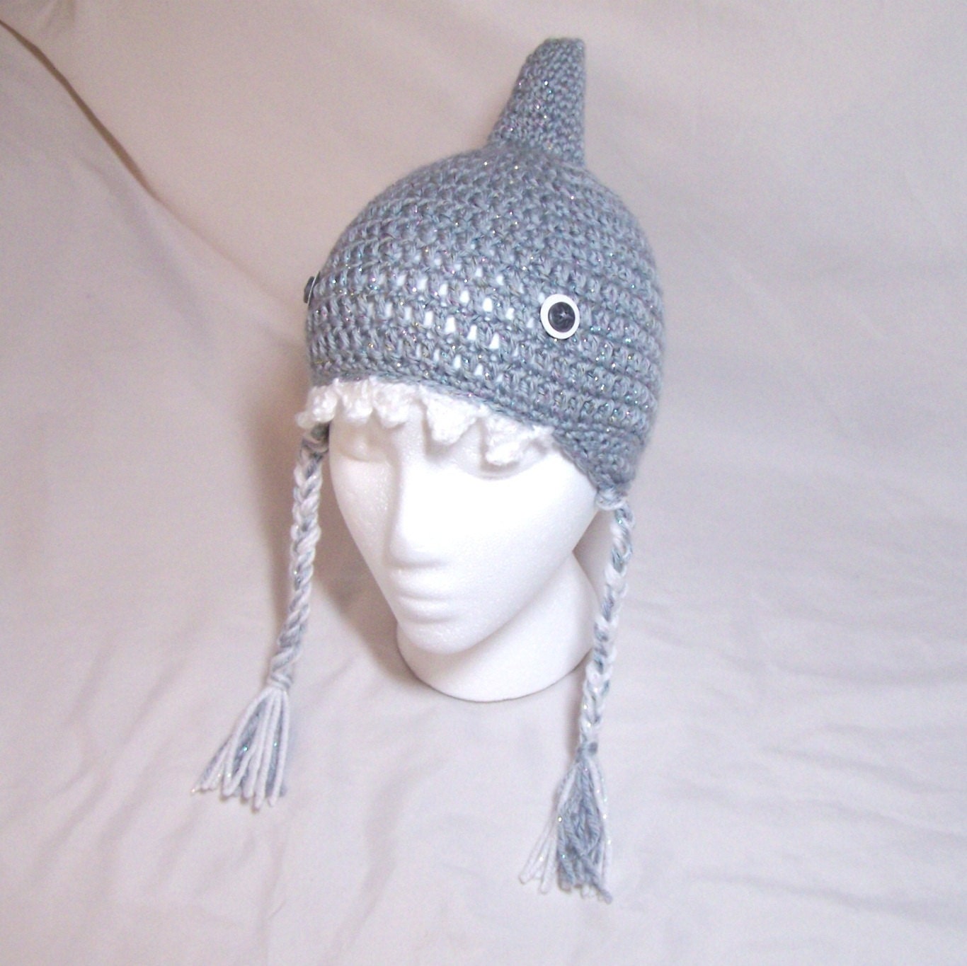 Shark beanie with braids crocheted and accented by LaPetiteUnicorn