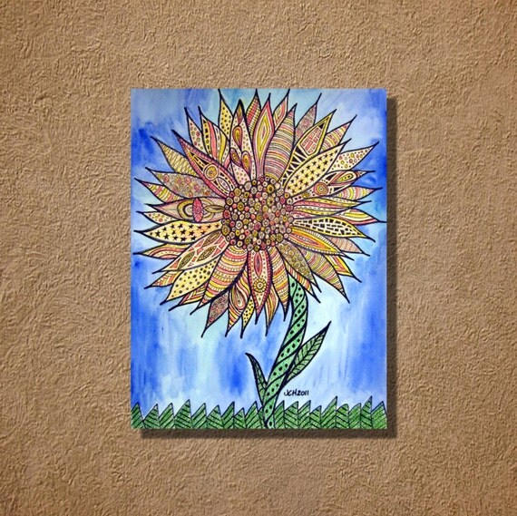 Zentangle Style Sunflower Original Watercolor Painting Ink
