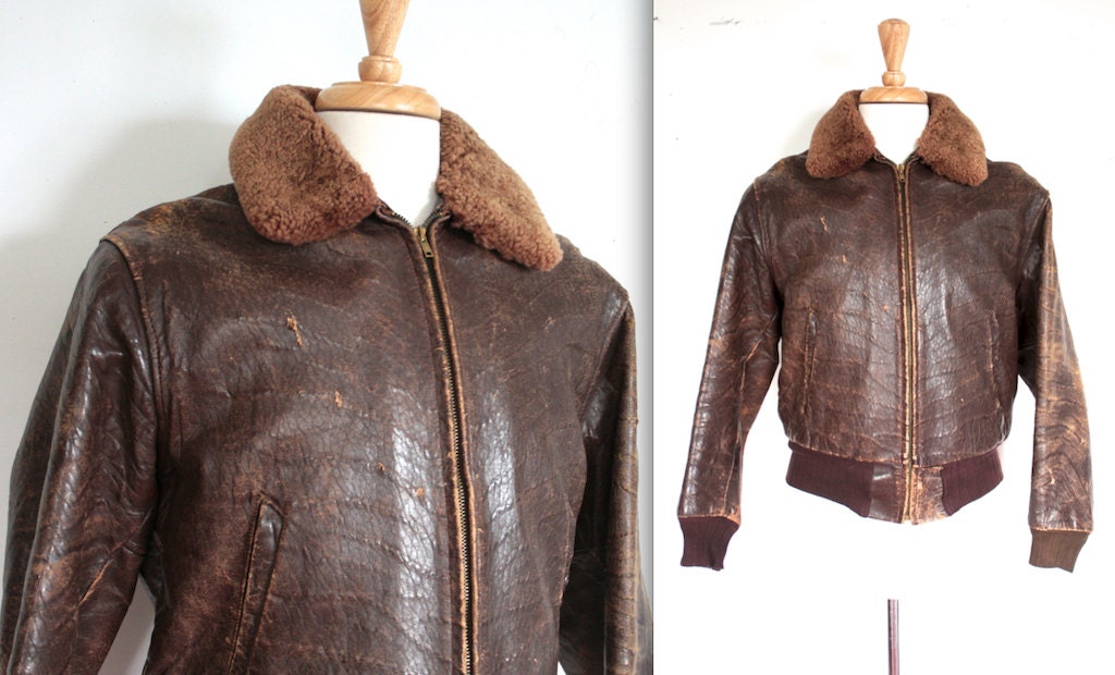 Vintage 1940s Bomber Jacket // 40s Brown Leather Flight Jacket