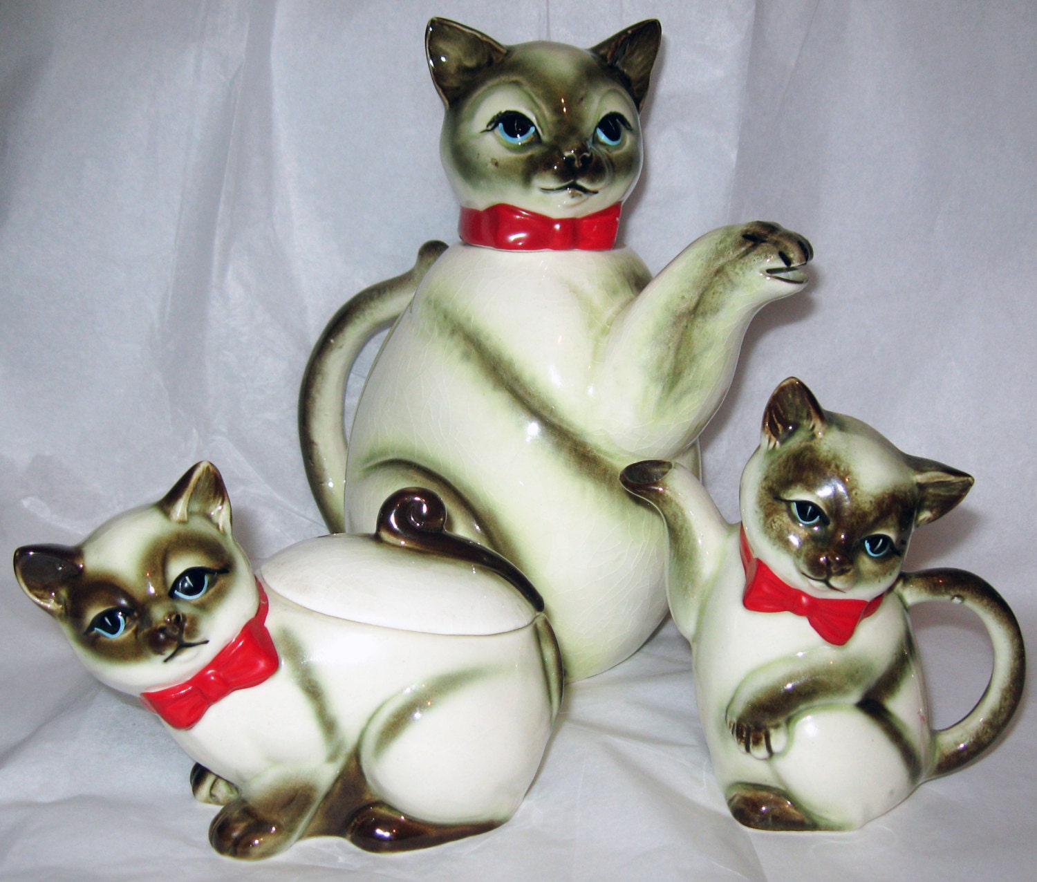 Vintage Siamese Cat teapot tea pot creamer sugar set Kasuga