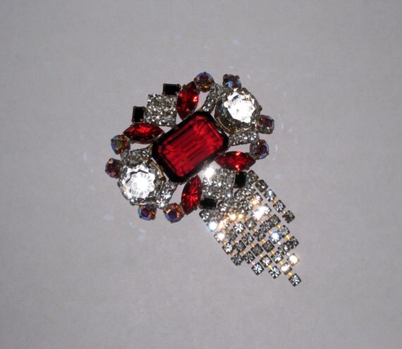 Huge Multi-Colored Statement Brooch / Vintage Chunky Red