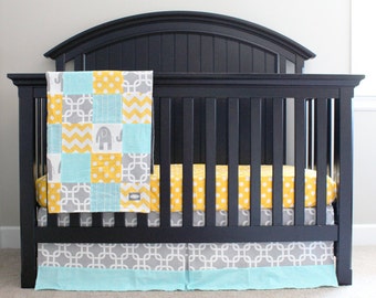 Items similar to Custom Crib Bedding - Teal, Yellow and Grey Baby ...