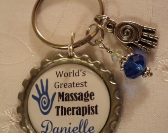 Personalized World's Greatest Massage Therapist key chain with charms