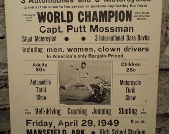 vintage 1940's advertising poster "Putt Mossman" motorcycle stunt show ...